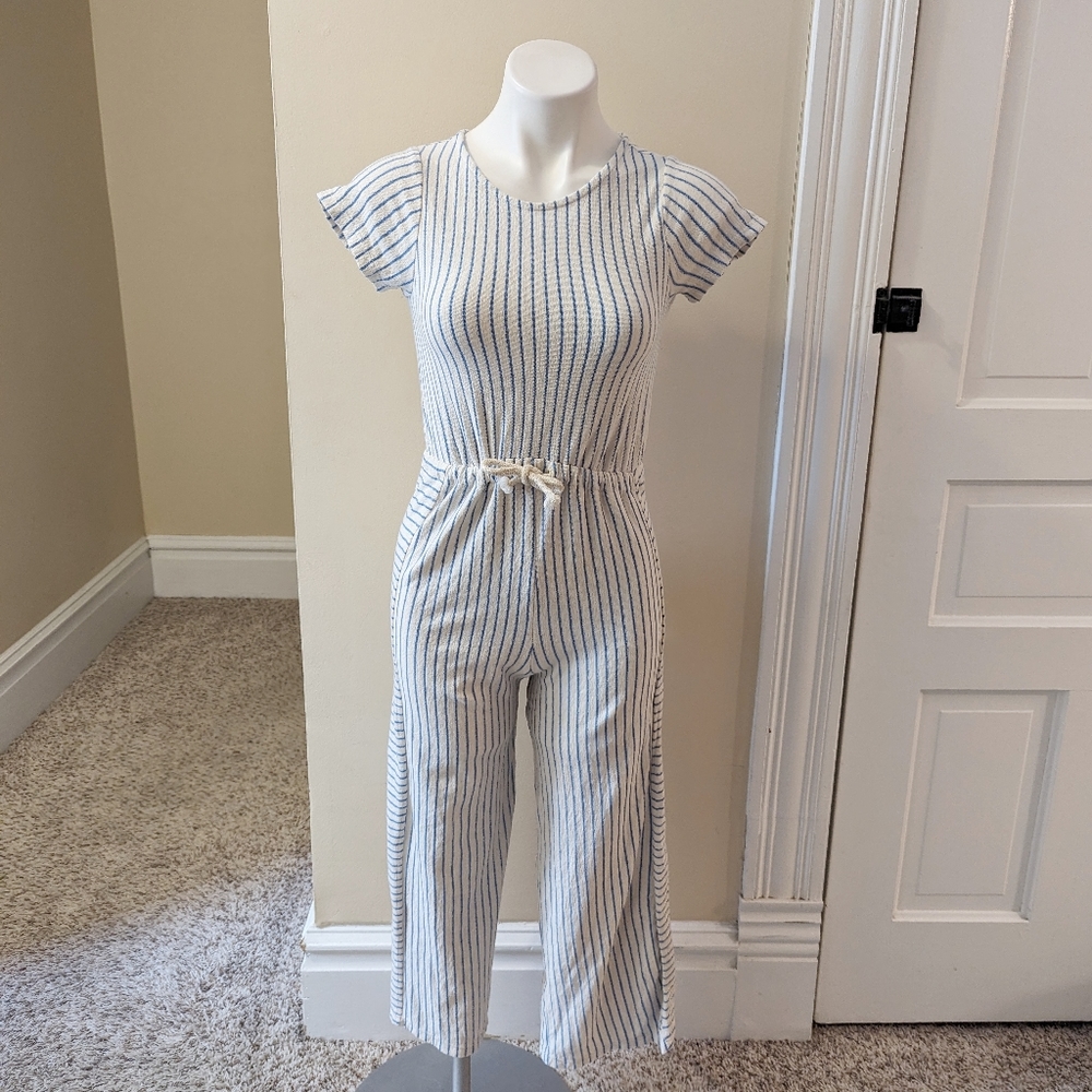 Zara White With Blue Striped Terry Cloth Jumpsuit Siz… - Gem